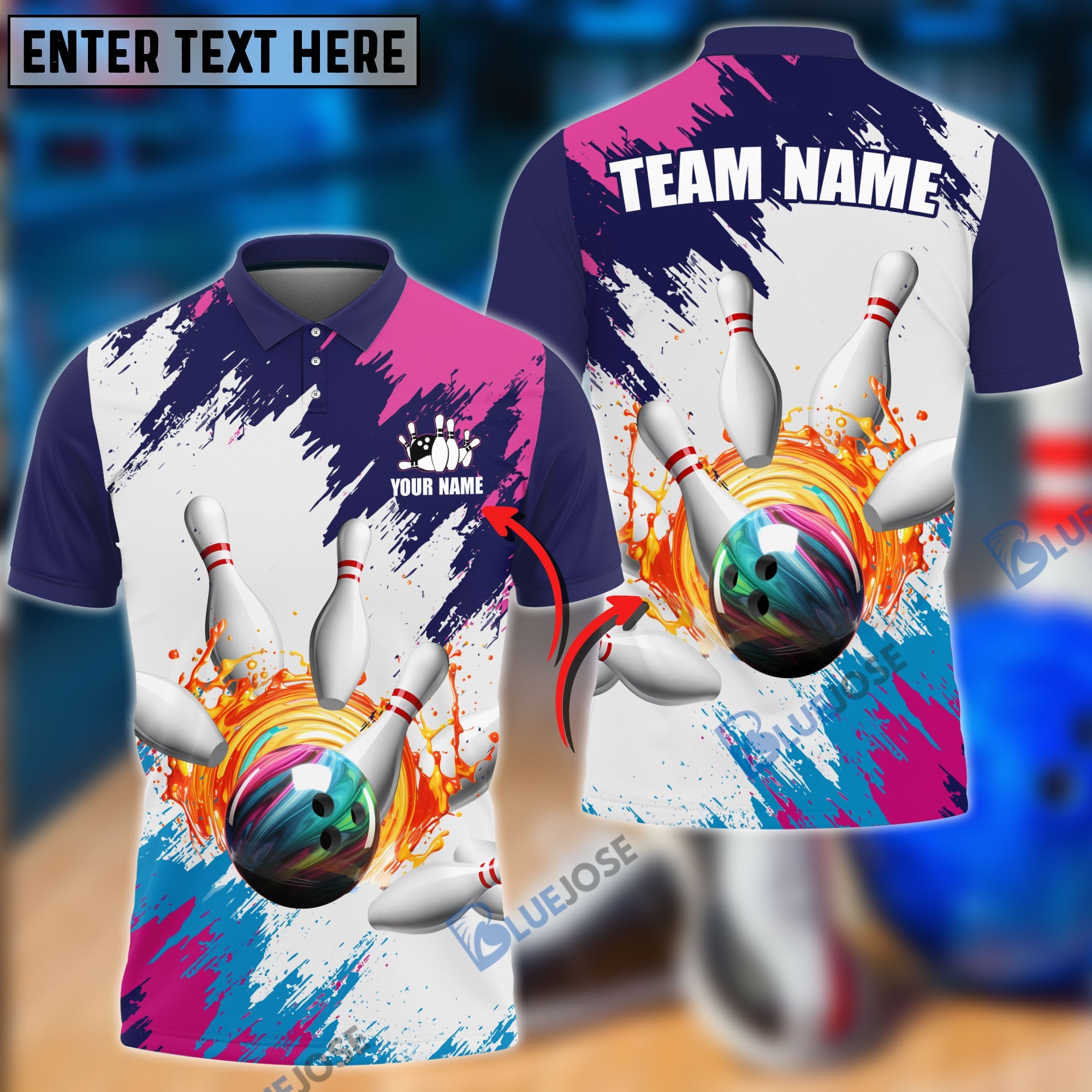 BlueJoses Bowling And Pins Blue Pink Customized Name 3D Shirt – Blue Jose