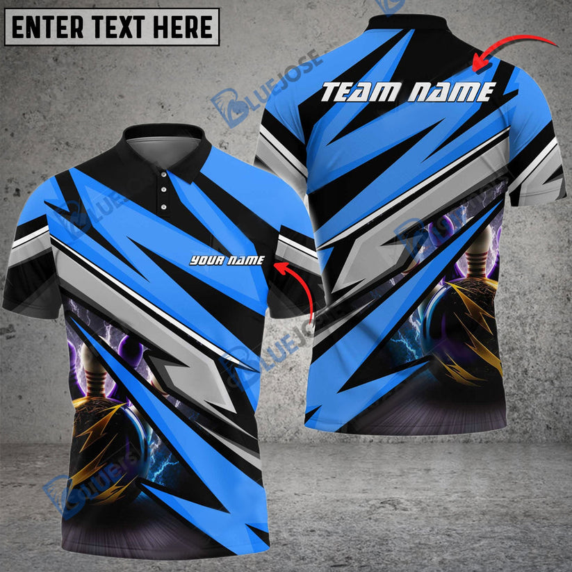 BlueJose Bowling And Pins Lightning McKing Customized Name 3D Shirt (4 – Blue Jose