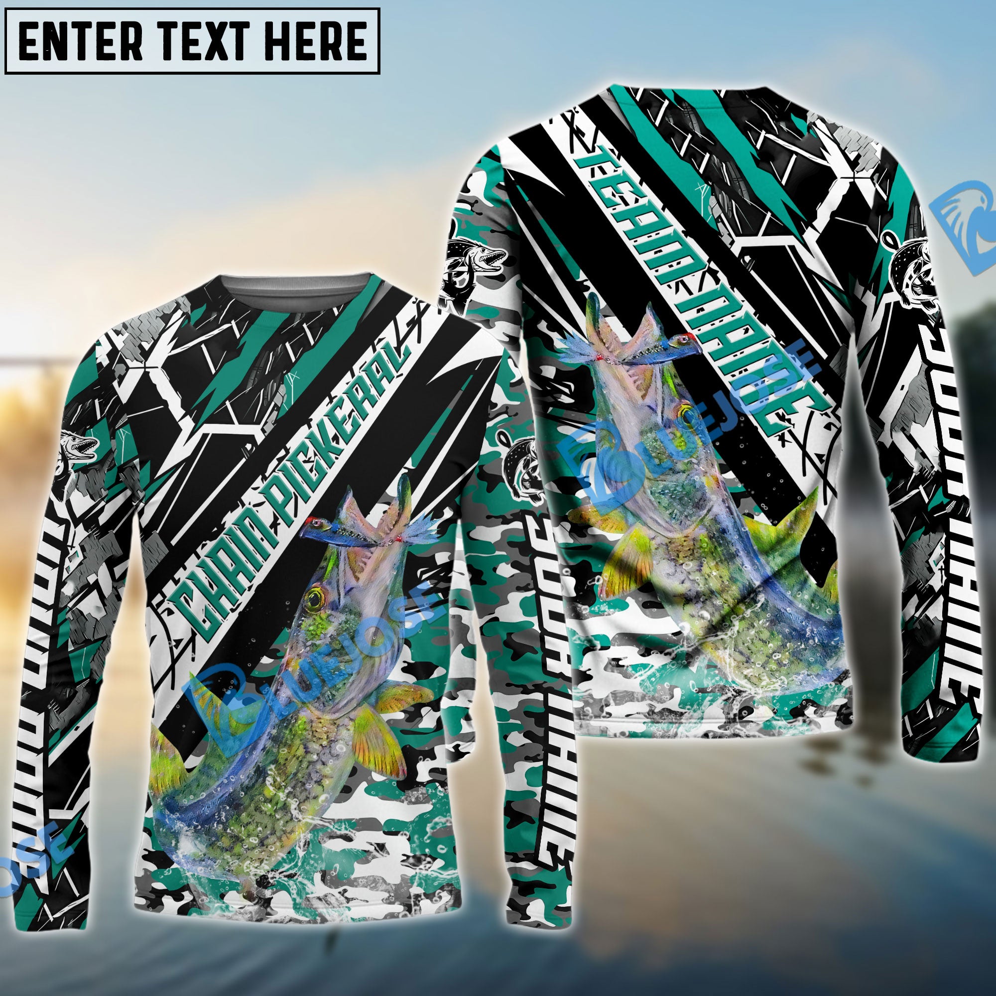 Bluejose Chain Pickerel Fishing Teal Green Grunge Camo Custom Name & T ...