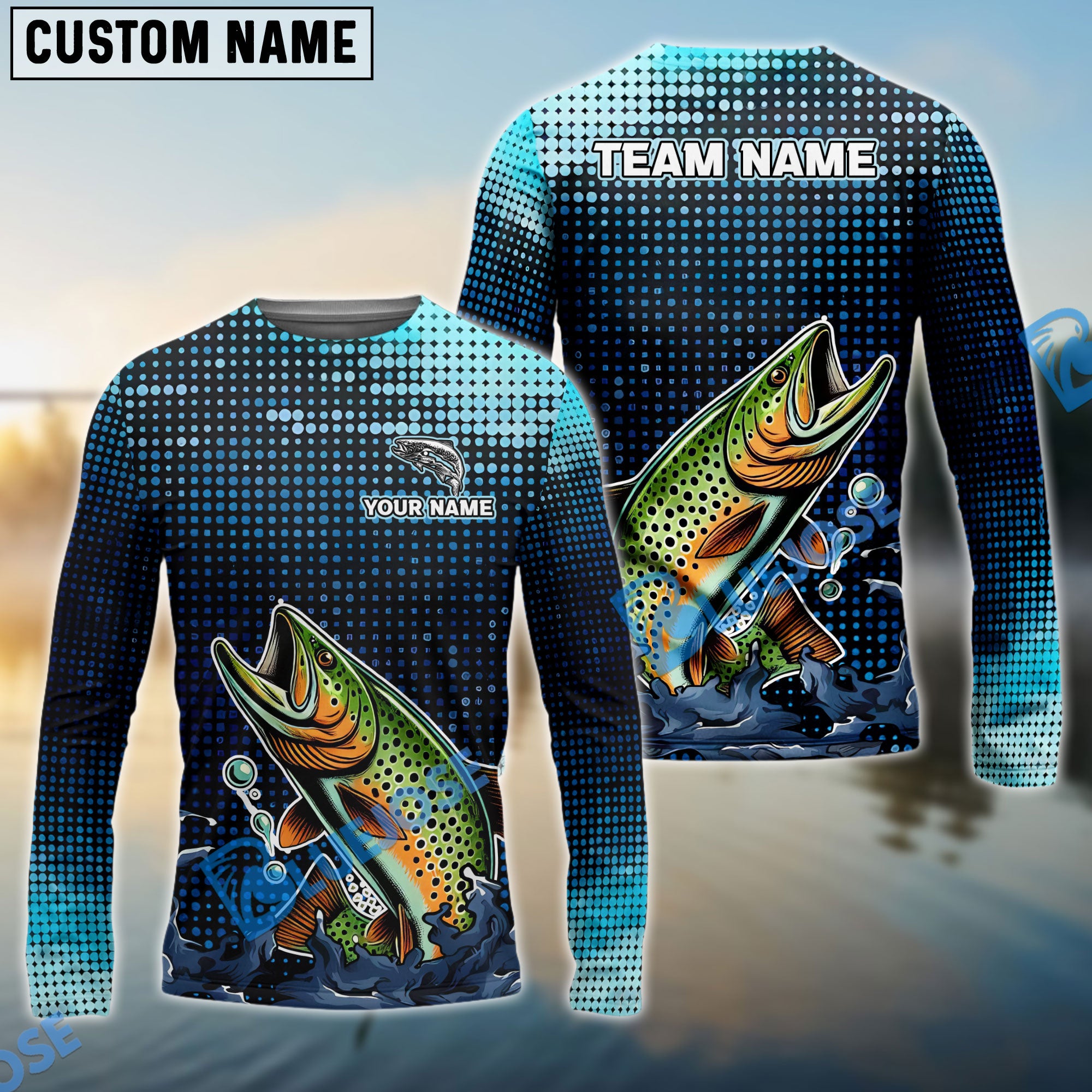 BlueJose Customize Name Trout Fishing Sky Blue Black Shirts – Blue Jose
