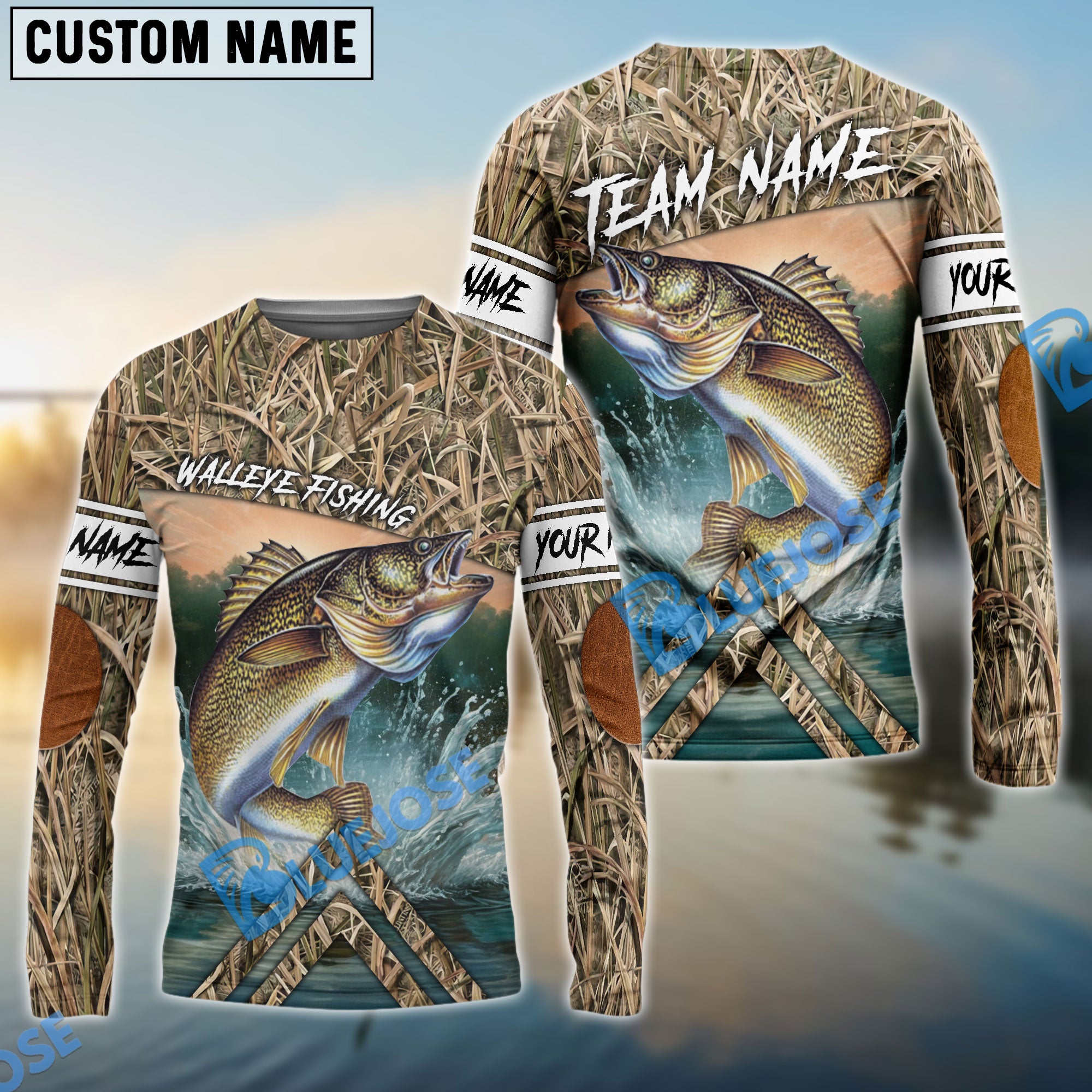 BlueJose Customize Name Walleye Fishing Elbow Patch Pattern 3D Shirts ...