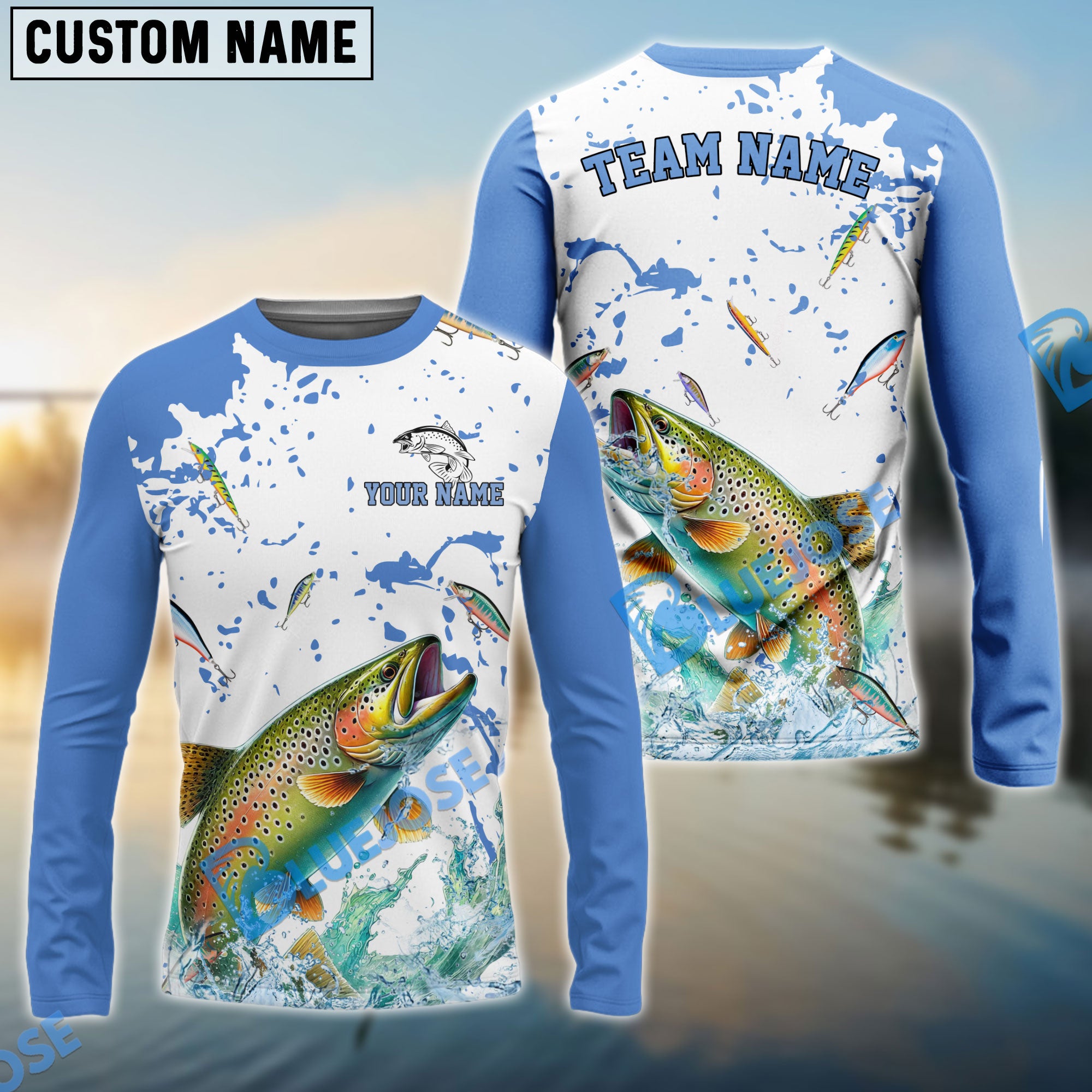 Bluejose Trout Fishing White Light Blue Custom Name & Team Name 3D Shi ...