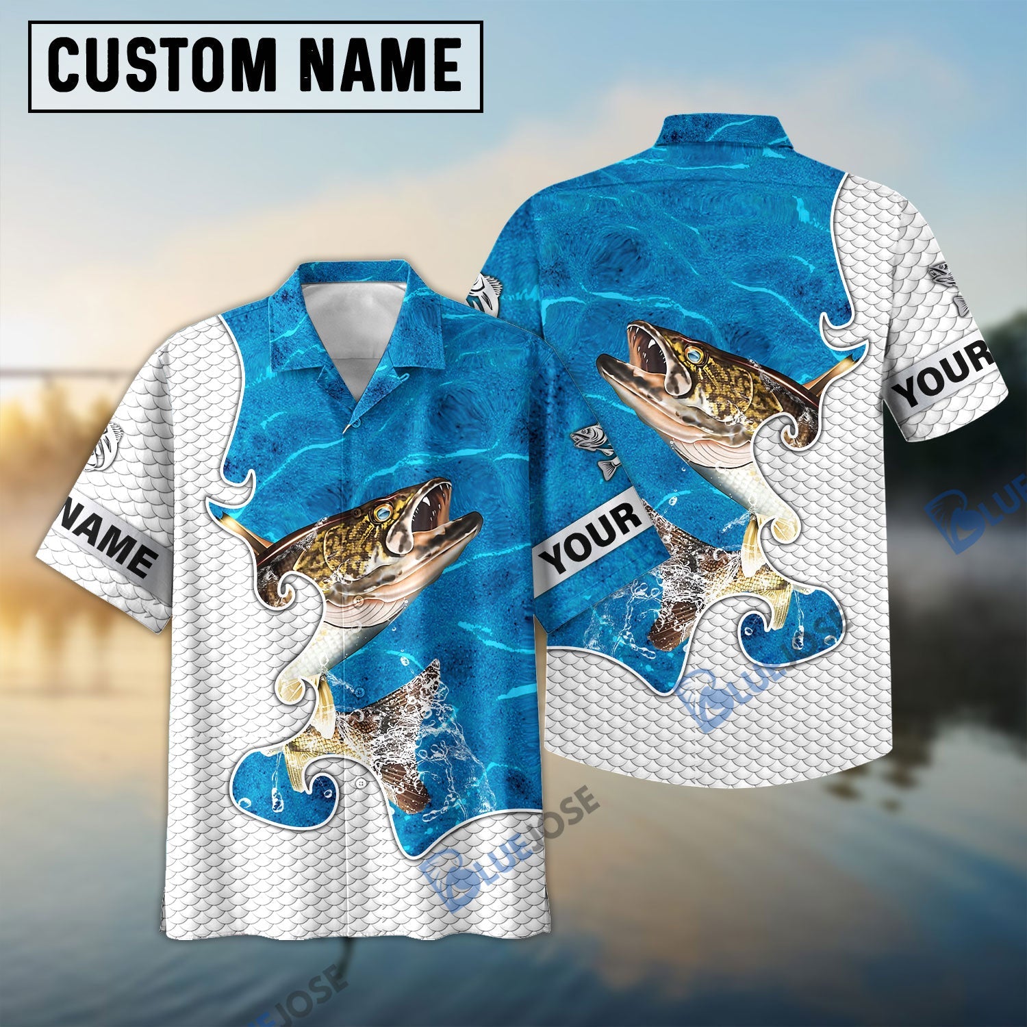 BlueJose Customize Name Walleye Fishing Blue Water 3D Shirt – Blue Jose