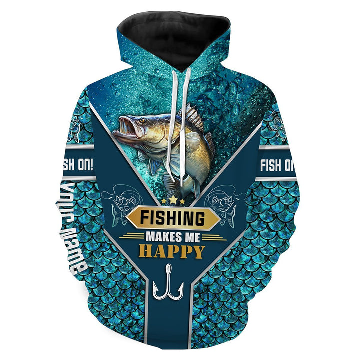 BlueJose Walleye Fishing Blue Scale Camo Fishing Makes Me Happy Custom ...