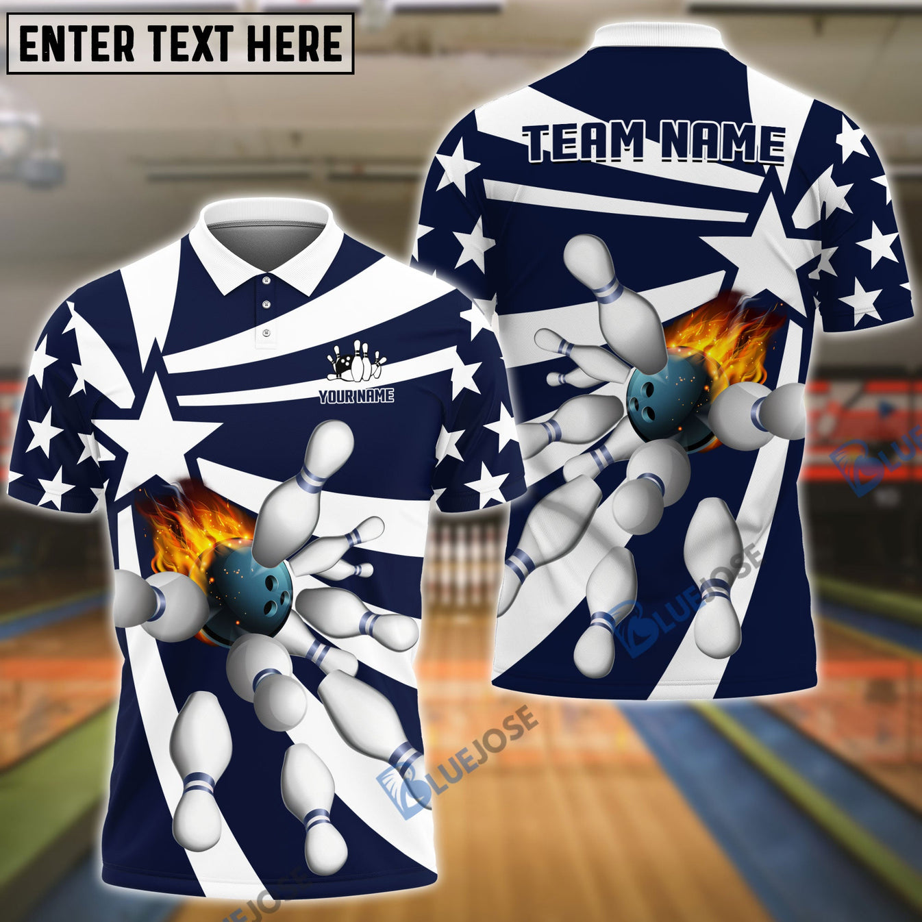 BlueJose Bowling And Pins Star Pattern Customized Name 3D Shirt (5 Col – Blue Jose