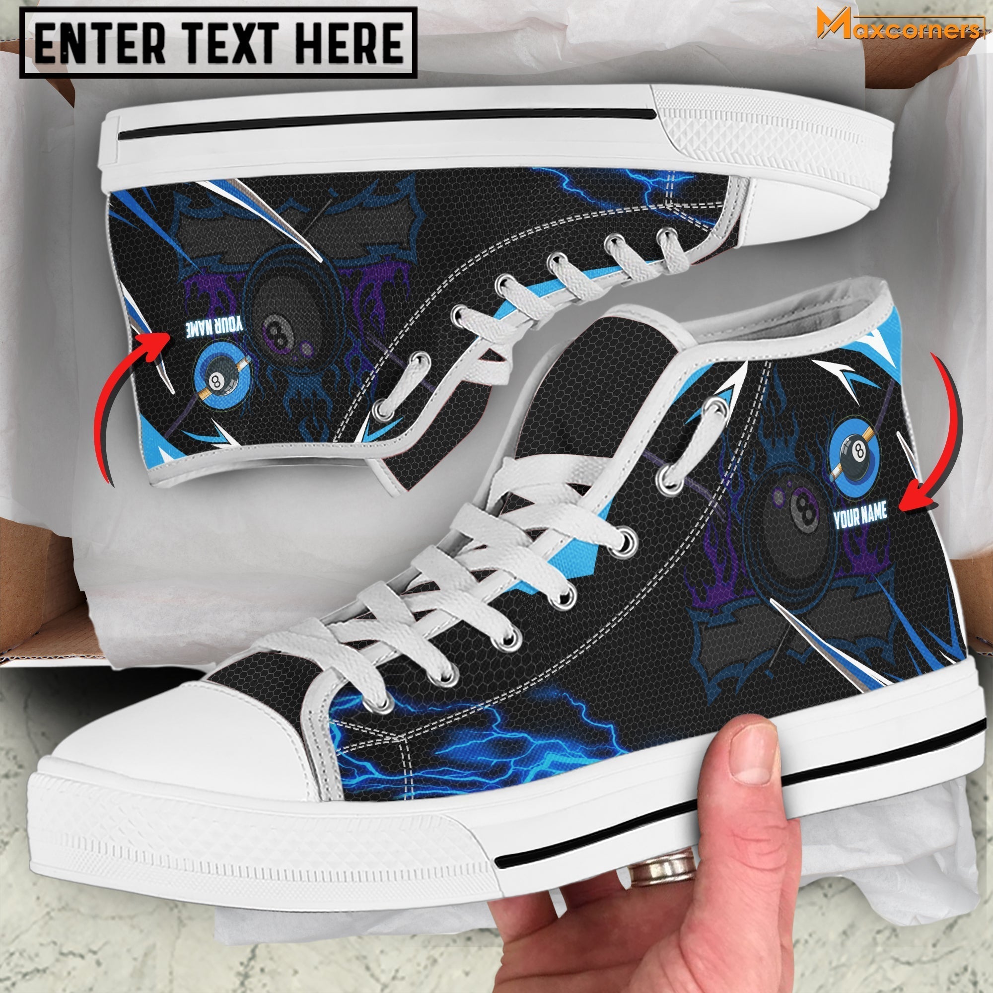 BlueJose Billiard Blue Fire Personalized Name High Top Shoes – Blue Jose