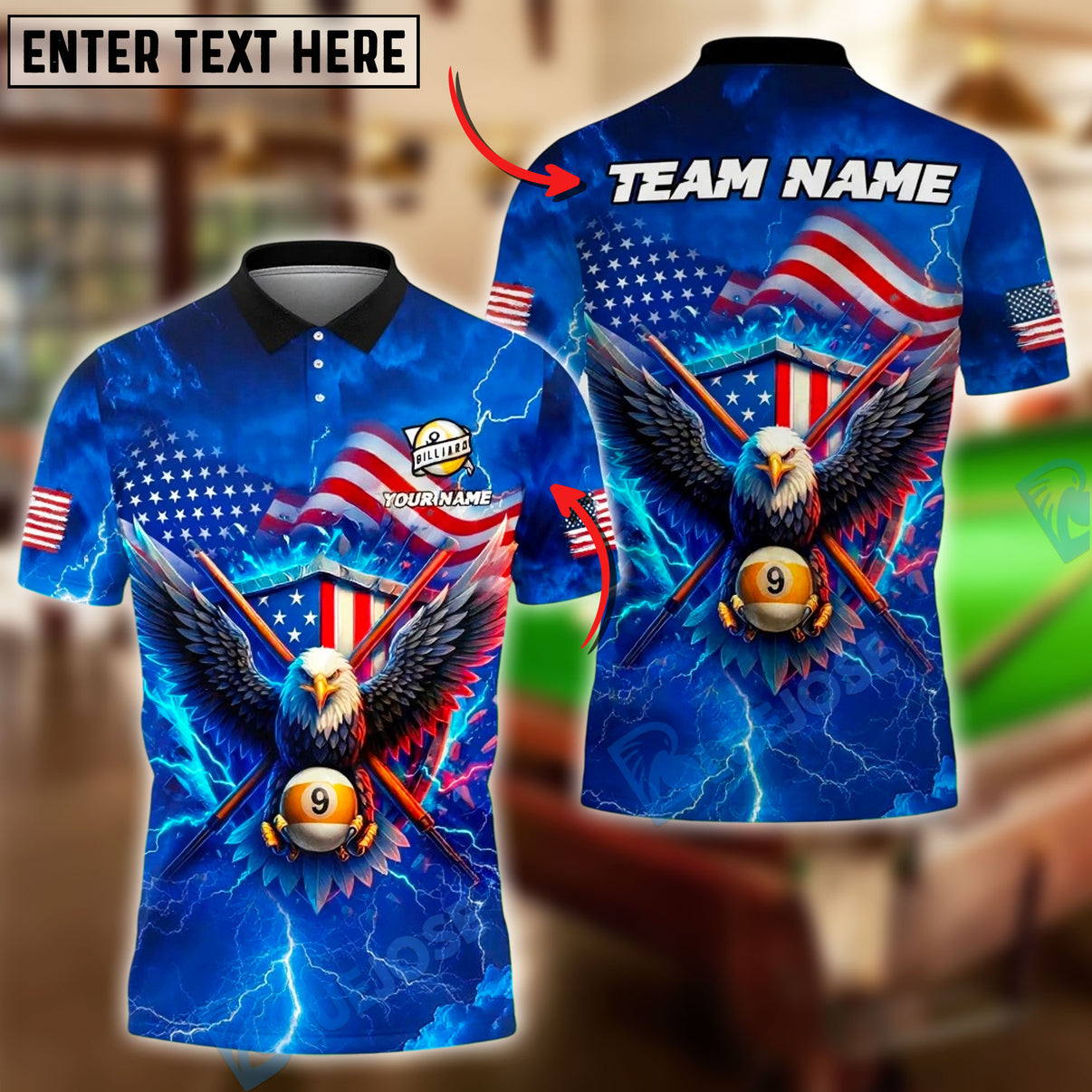 BlueJose Billiards 9 Ball Eagle USA Flag Lightning Personalized Name ...
