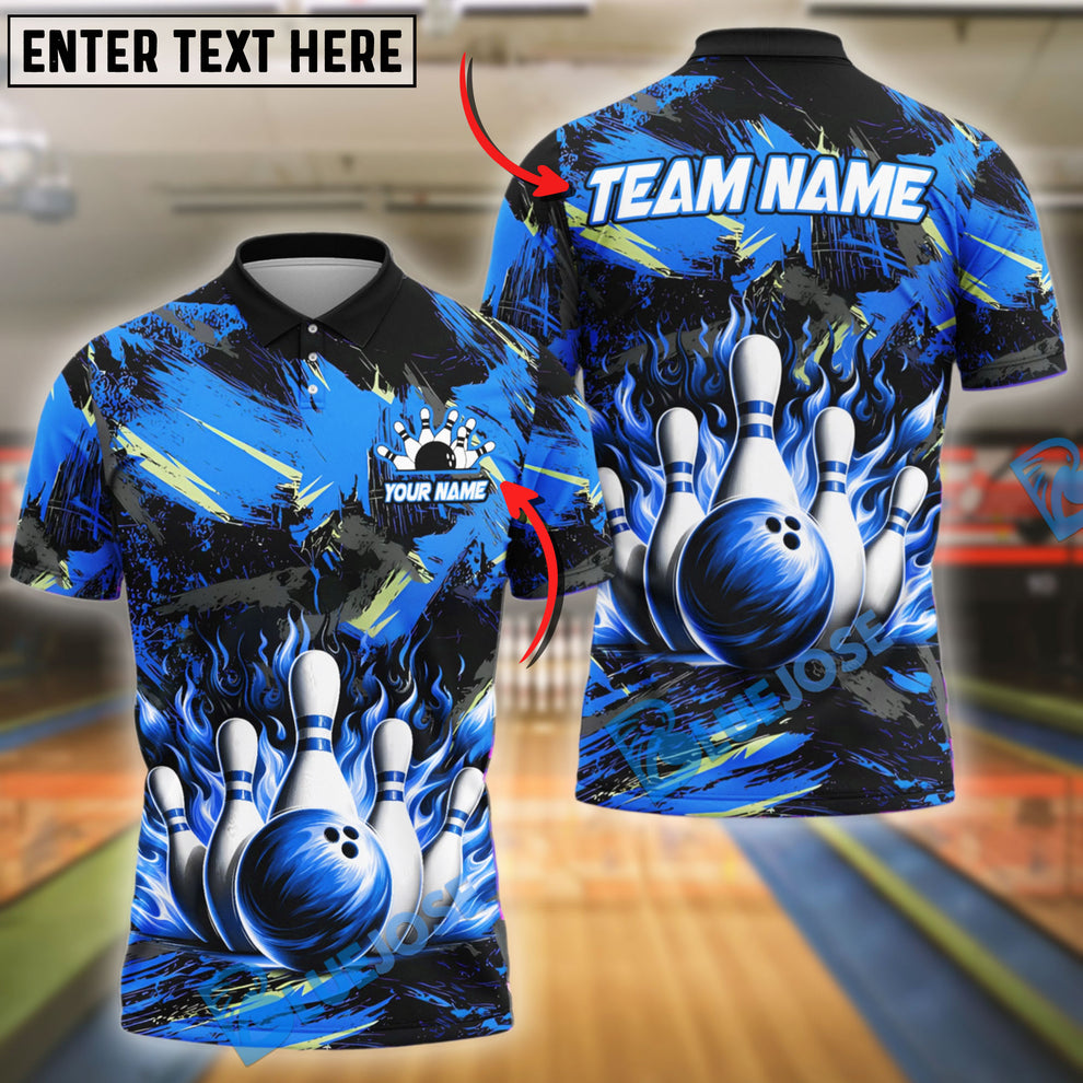 BlueJose Bowling And Pins Neon Flame Customized Name 3D Shirt (4 Color – Blue Jose